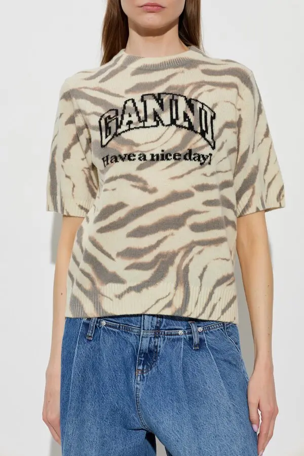 GANNI Animal Print Crewneck Knit Top