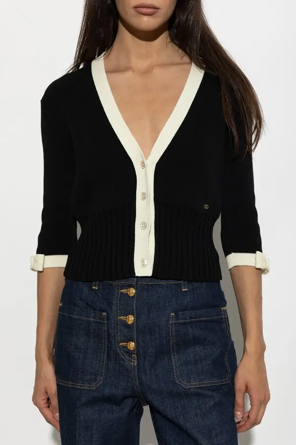 Valentino Garavani Knit Short-sleeve Cardigan With White Trims And Bow Details