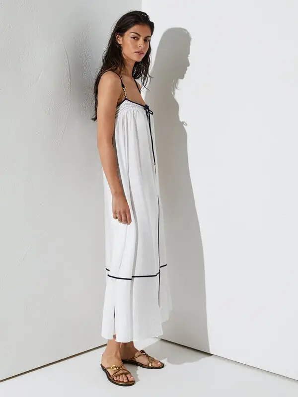 REISS Isla Midi Dress With Tie Detail - Ivory/navy