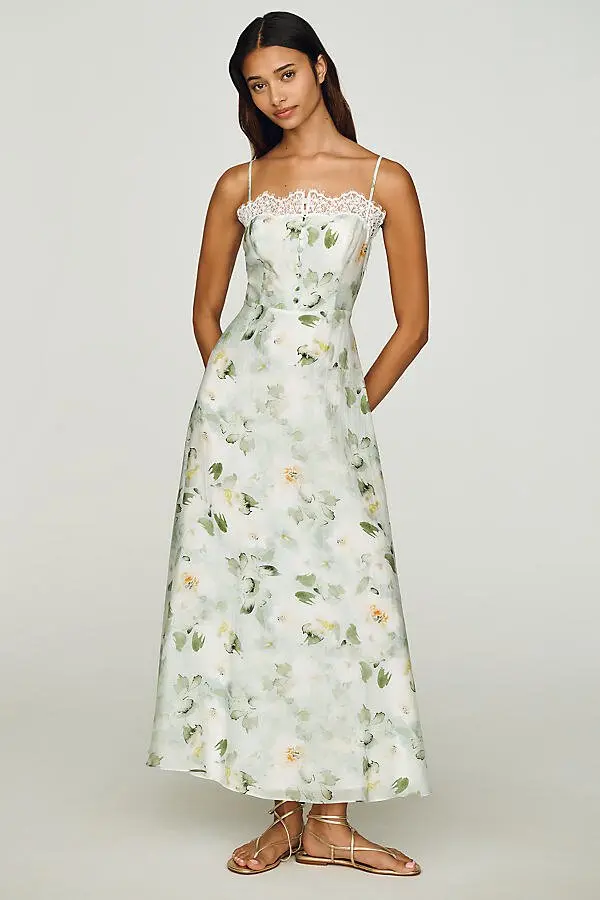 MARE MARE Lace-trim Midi Dress - Green Floral Print