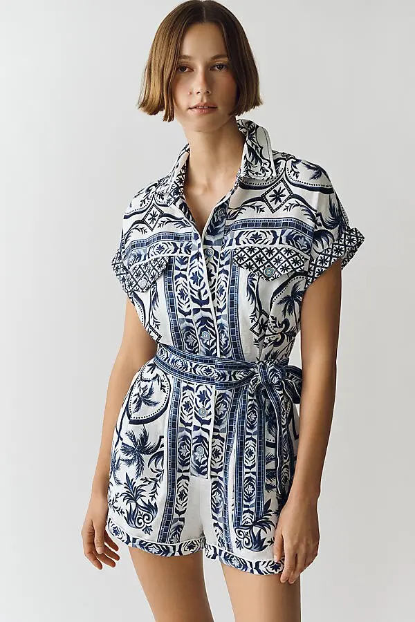 Farm Rio Tropical Print Linen Romper - Wonderful City Off-white