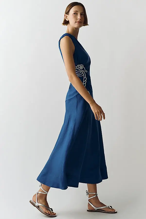 Farm Rio Linen One-shoulder Seahorse Maxi Dress