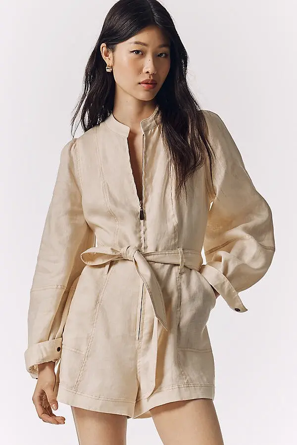 KIVARI Linen Belted Romper - Cream
