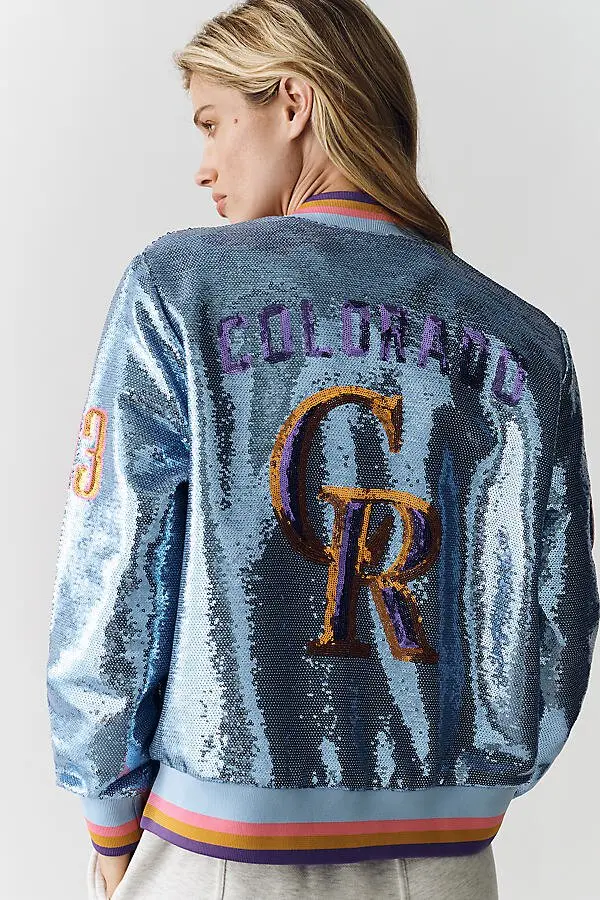 THE WILD COLLECTIVE Sequined Bomber Jacket - Light Blue