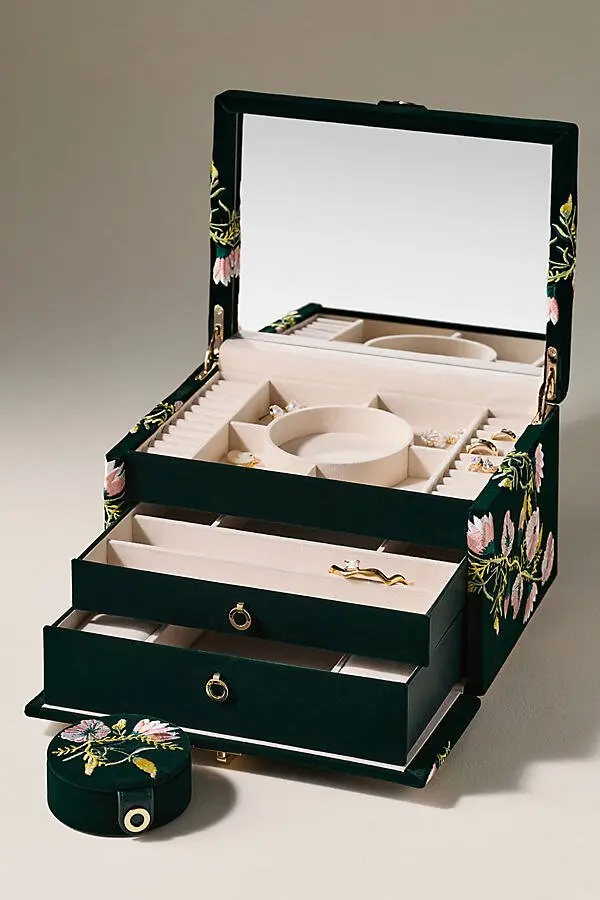 Wolf Zoe Velvet Floral Embroidered Jewelry Box - Indigo