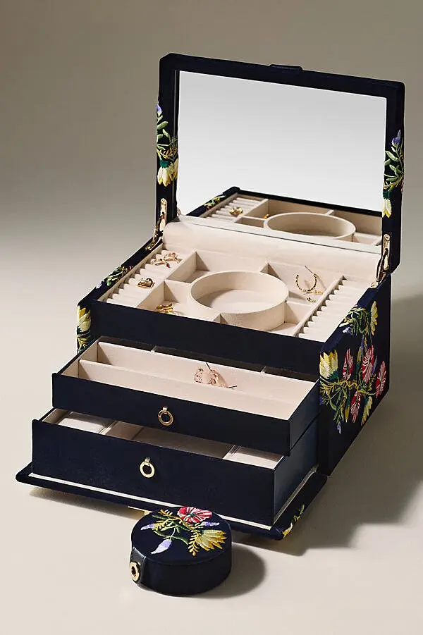 Wolf Zoe Velvet Floral Embroidered Jewelry Box - Indigo