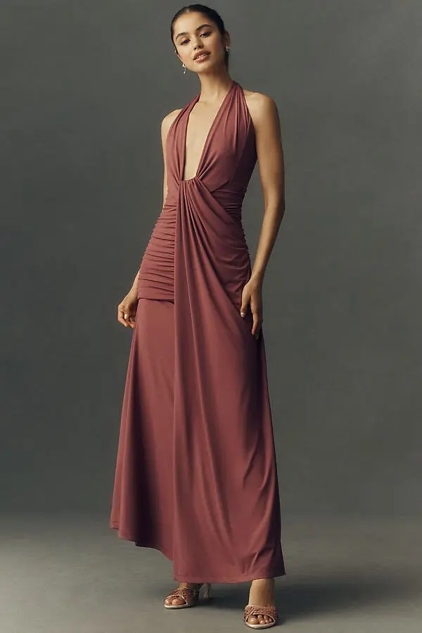 Bardot Plunge Halter-neck Maxi Dress