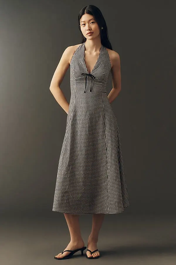 ELODIE Cotton V-neck Halter Midi Dress With Tie Front - Black Gingham