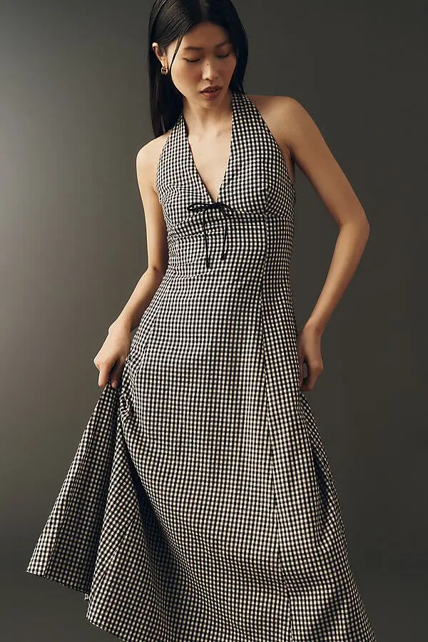ELODIE Cotton V-neck Halter Midi Dress With Tie Front