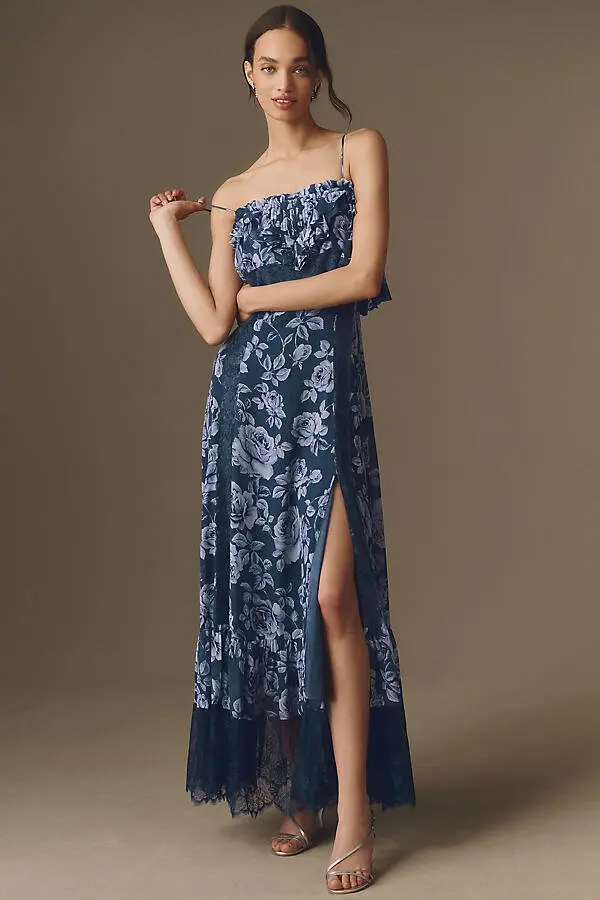 Bhldn Ruffle Lace-trim Maxi Dress By - Blue Floral