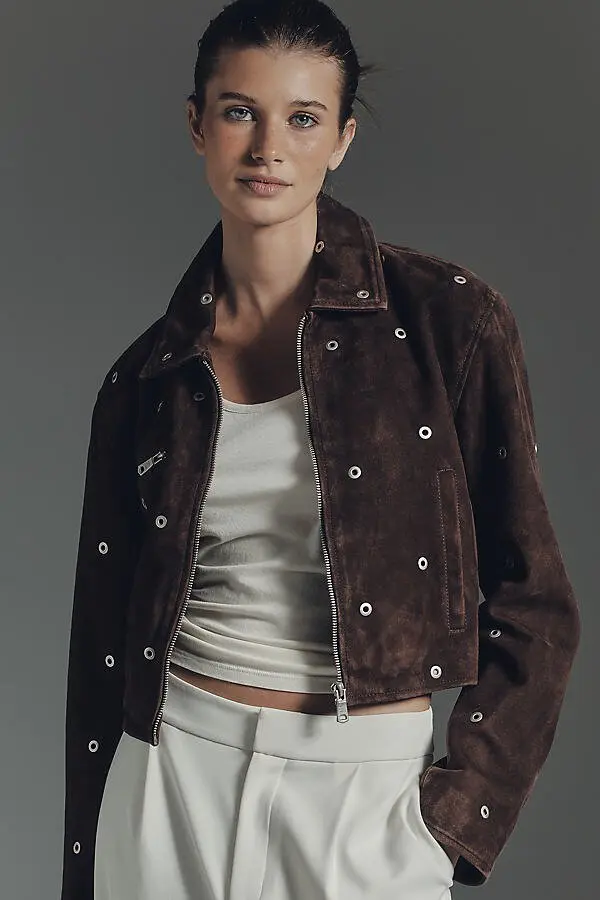 Avec Les Filles Studded Suede Moto Jacket - Chocolate
