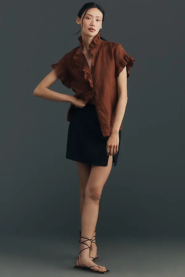 English Factory Linen Ruffle Shirt Top