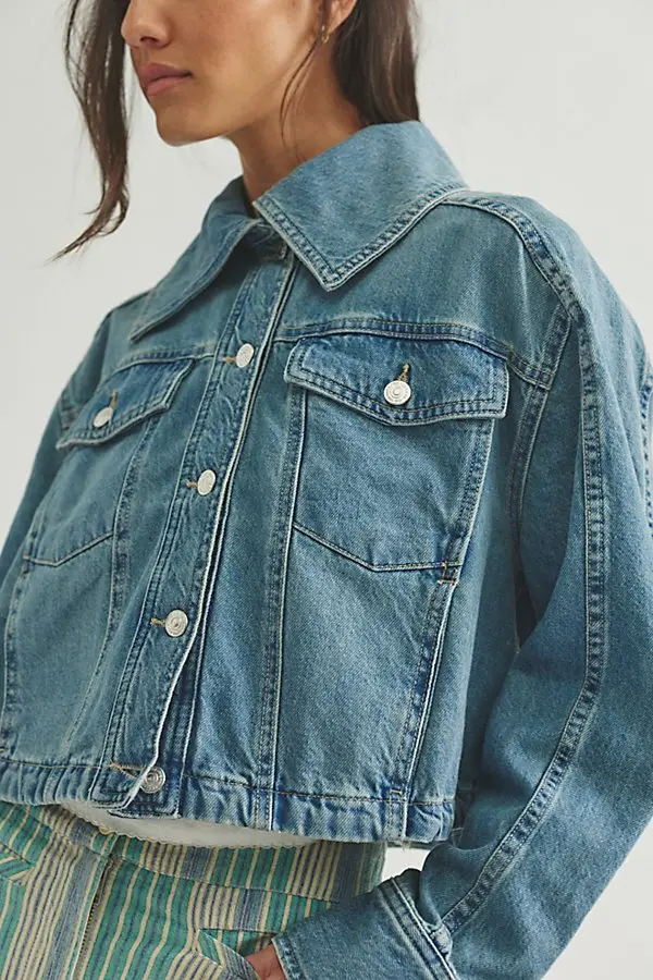 Free People We The Free Side To Side Cropped Denim Jacket - River Wash