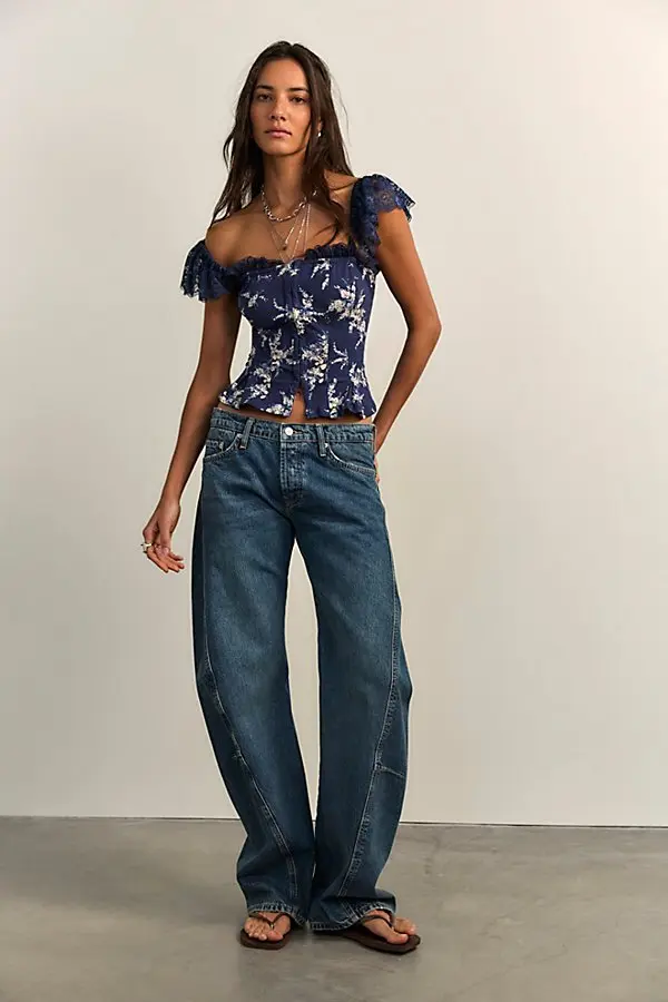 Free People Bonnie Lace Top - Navy Combo