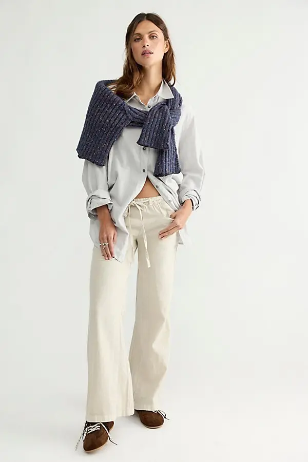 Free People Linen Slouch Flare Pants - Birch
