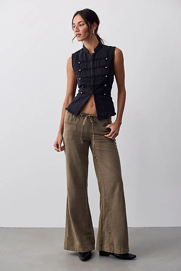 Free People Linen Slouch Flare Pants - Caiman