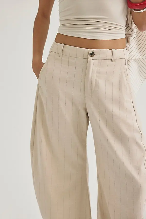 Free People Spotlight Menswear Striped Barrel Trousers - Khaki Black Combo