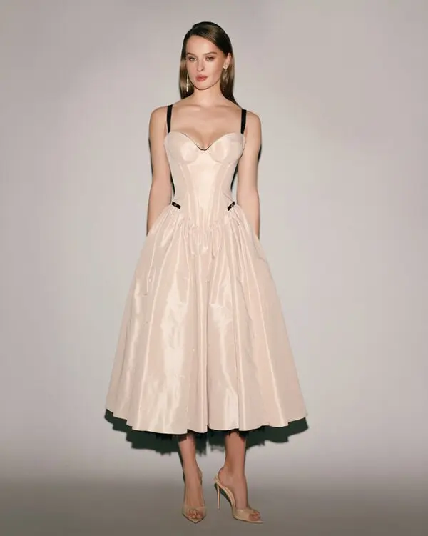 MILLA Corset Midi Dress In Italian Taffeta With Contrast Details - Beige