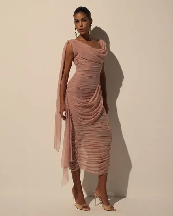 MILLA Midi Dress In Italian Mesh With Draping - Pink