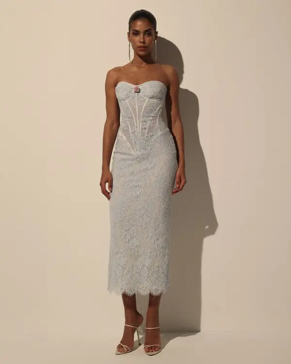 MILLA Beaded Lace Corset Midi Dress - Blue