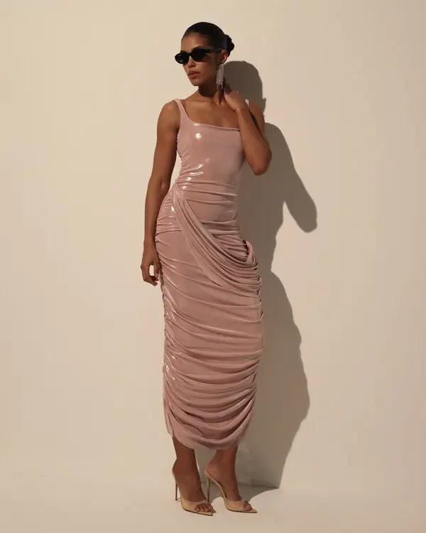 MILLA Draped Midi Dress With Metallic Sheen - Pink