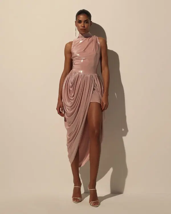 MILLA Halter Neck Wet Effect Midi Dress - Pink