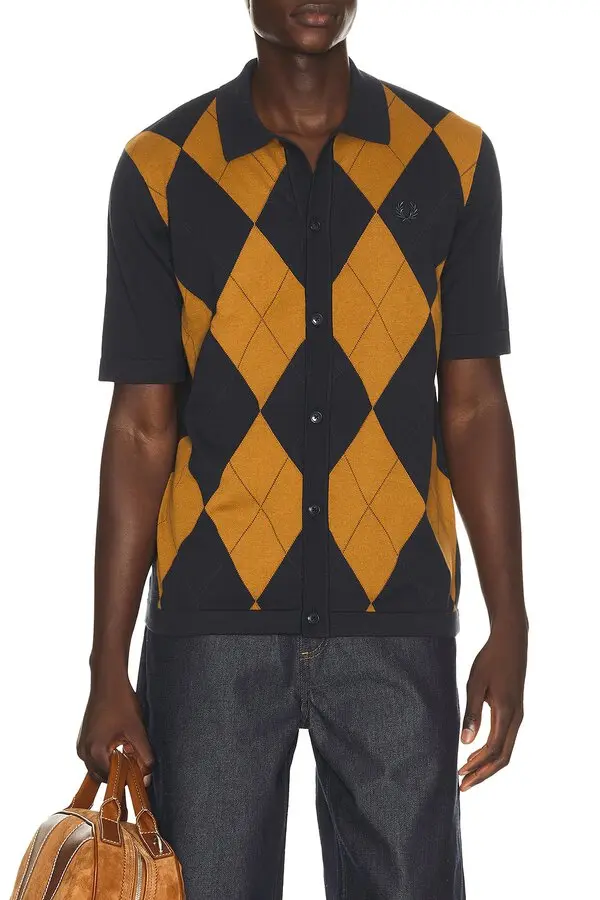 Fred Perry Argyle Button Knitted Shirt In Blue
