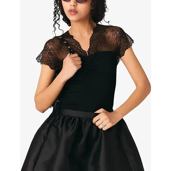 Maje V-neck Lace-trim Stretch-jersey Top