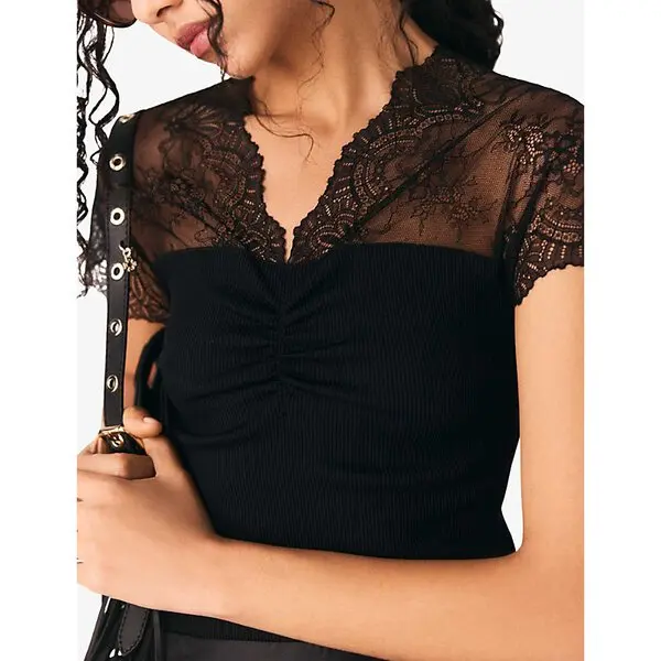 Maje V-neck Lace-trim Stretch-jersey Top
