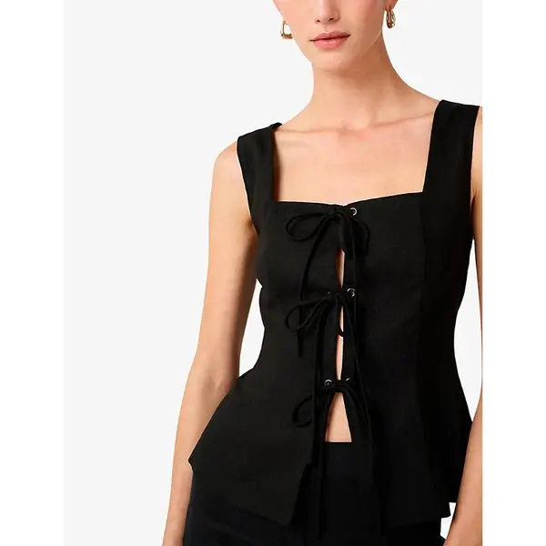 OMNES Lace-up Linen-blend Top - Black