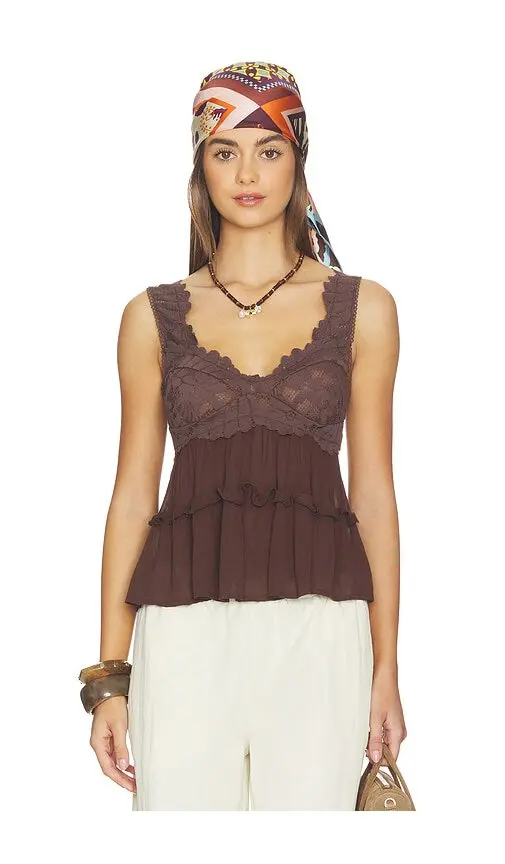 Free People Petal Party Lace Trim Tank Top - Brown