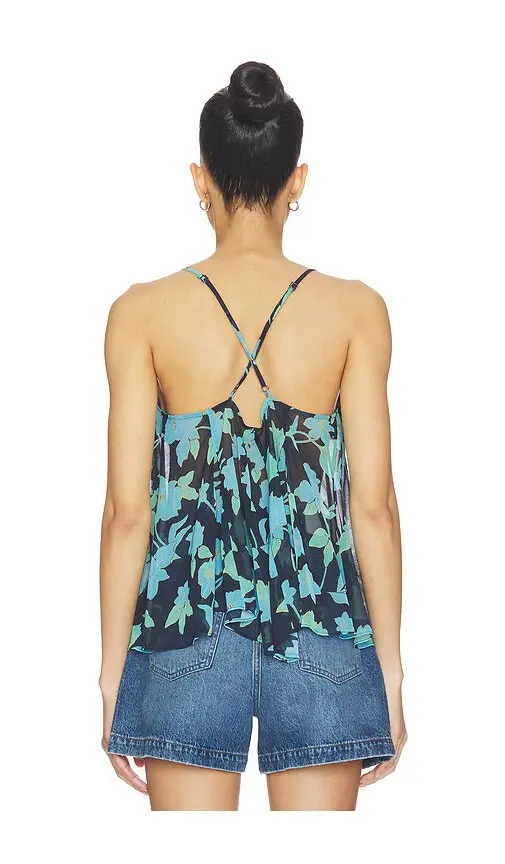 Free People Margaux Printed Chiffon Tank With Lace Trim - Blue