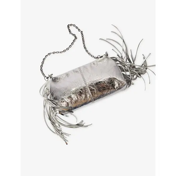 Maje Leather Clutch Bag With Chain Strap And Tassels - Silvery