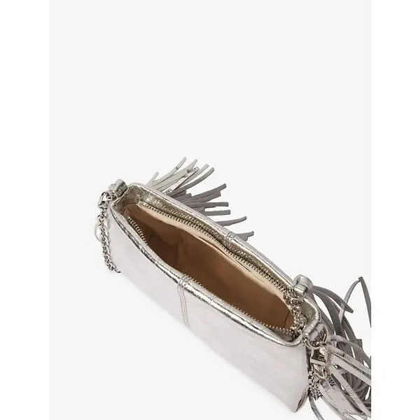 Maje Leather Clutch Bag With Chain Strap And Tassels - Silvery