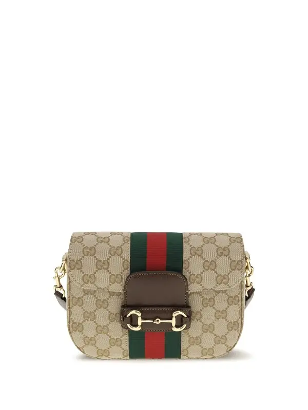 Gucci Small Horsebit 1955 Shoulder Bag In Gg Fabric - Cream