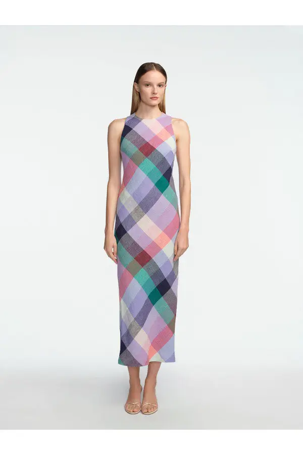 Lela Rose Plaid Linen Midi Dress