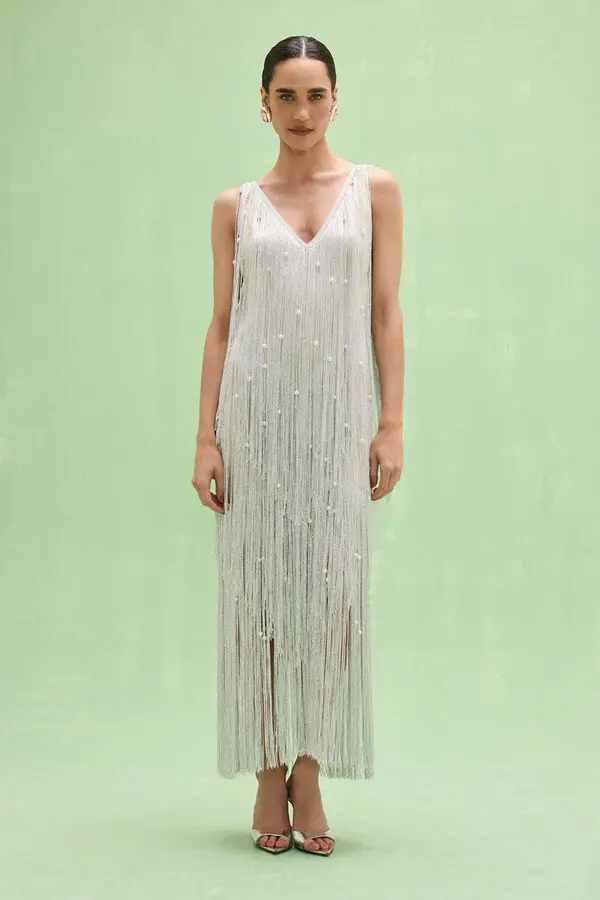 PatBO Aurea Crochet Maxi Dress With Fringe And Pearls