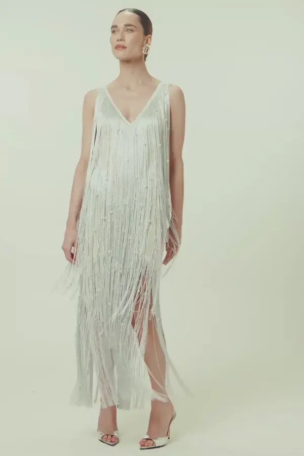 PatBO Aurea Crochet Maxi Dress With Fringe And Pearls