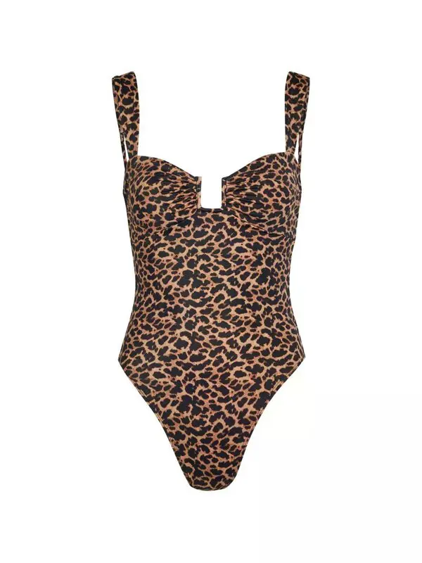 AWAY THAT DAY Cannes Leopard-print Ruched Swimsuit - Brown