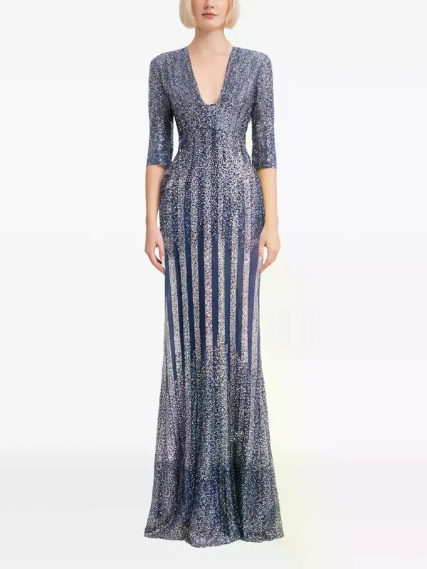 GEMY MAALOUF Sequined Striped V-neck Floor-length Gown
