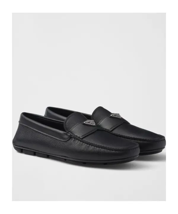 Prada Leather Driving Loafers With Rubber Soles - Black