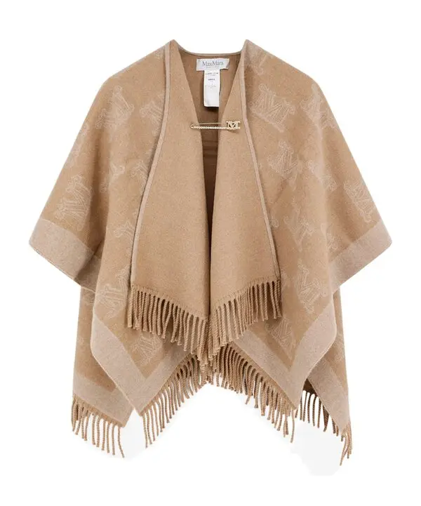 Max Mara All-over Logo Patterned Fringed Cape - Camel