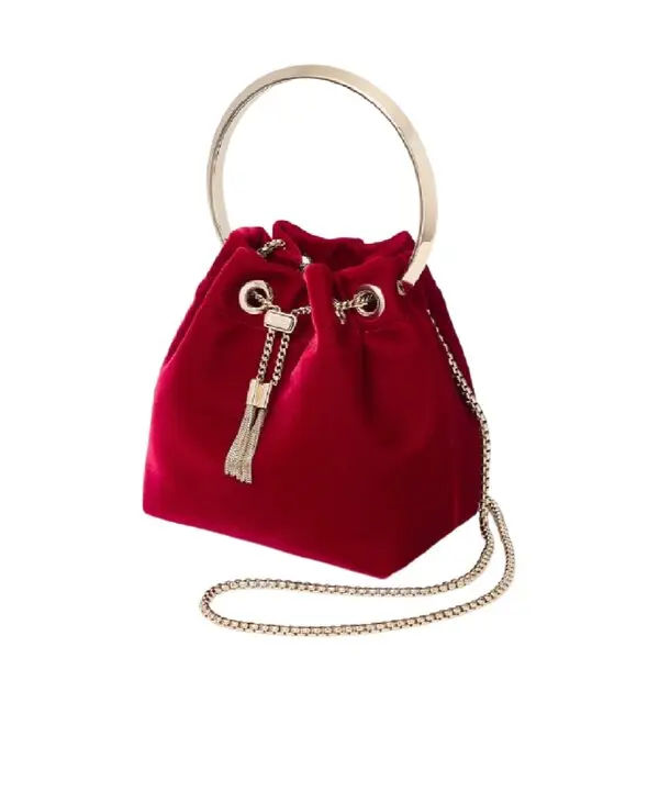 JIMMY CHOO Bon Bon Bucket Bag With Chain Drawstring And Gold Metal Handle