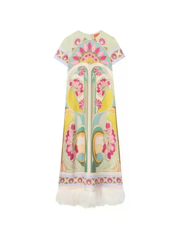 La DoubleJ Tulip Placed Silk Twill Dress With Feather Trim - Green