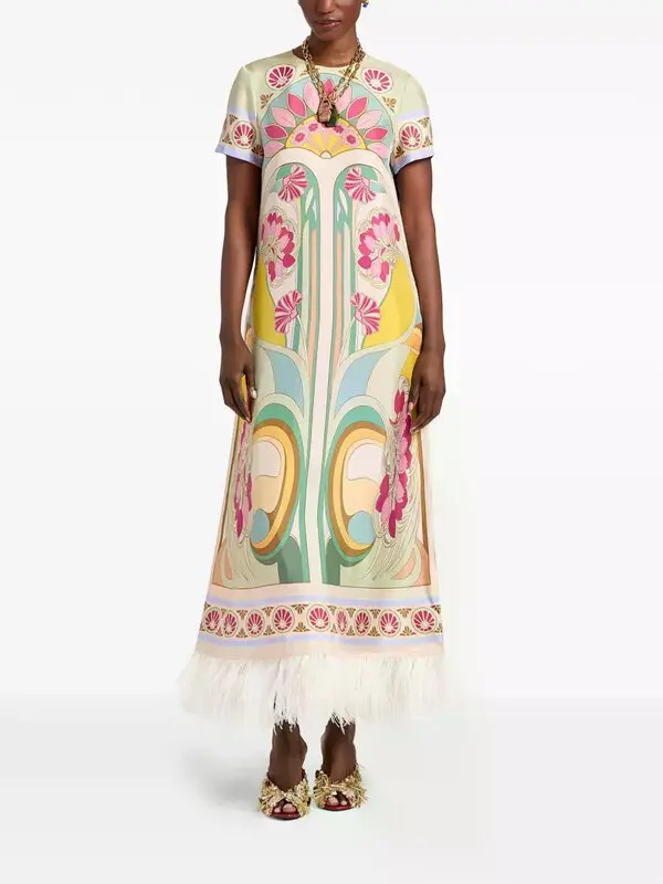 La DoubleJ Tulip Placed Silk Twill Dress With Feather Trim - Green