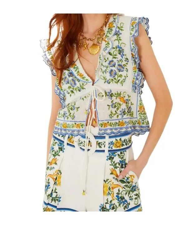 Farm Rio Floral Ruffled V-neck Top - Off White
