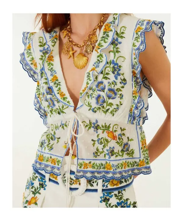 Farm Rio Floral Ruffled V-neck Top - Off White
