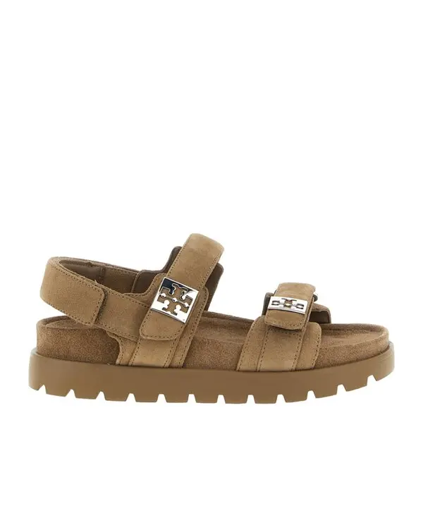Tory Burch Mellow Suede Sandals With Metal Logo Detail - Brown