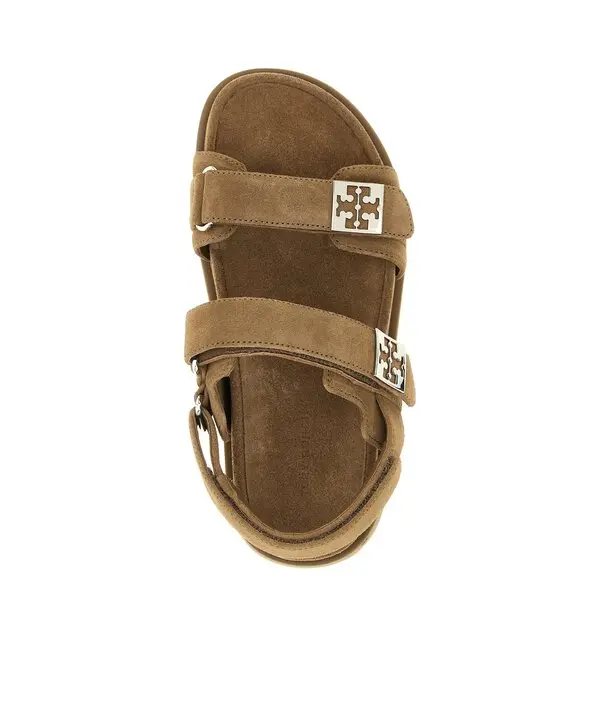 Tory Burch Mellow Suede Sandals With Metal Logo Detail - Brown