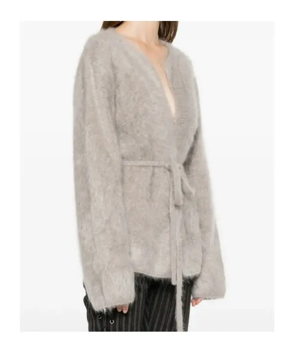 Soft Goat V-neck Long-sleeved Cardigan With Waist Tie